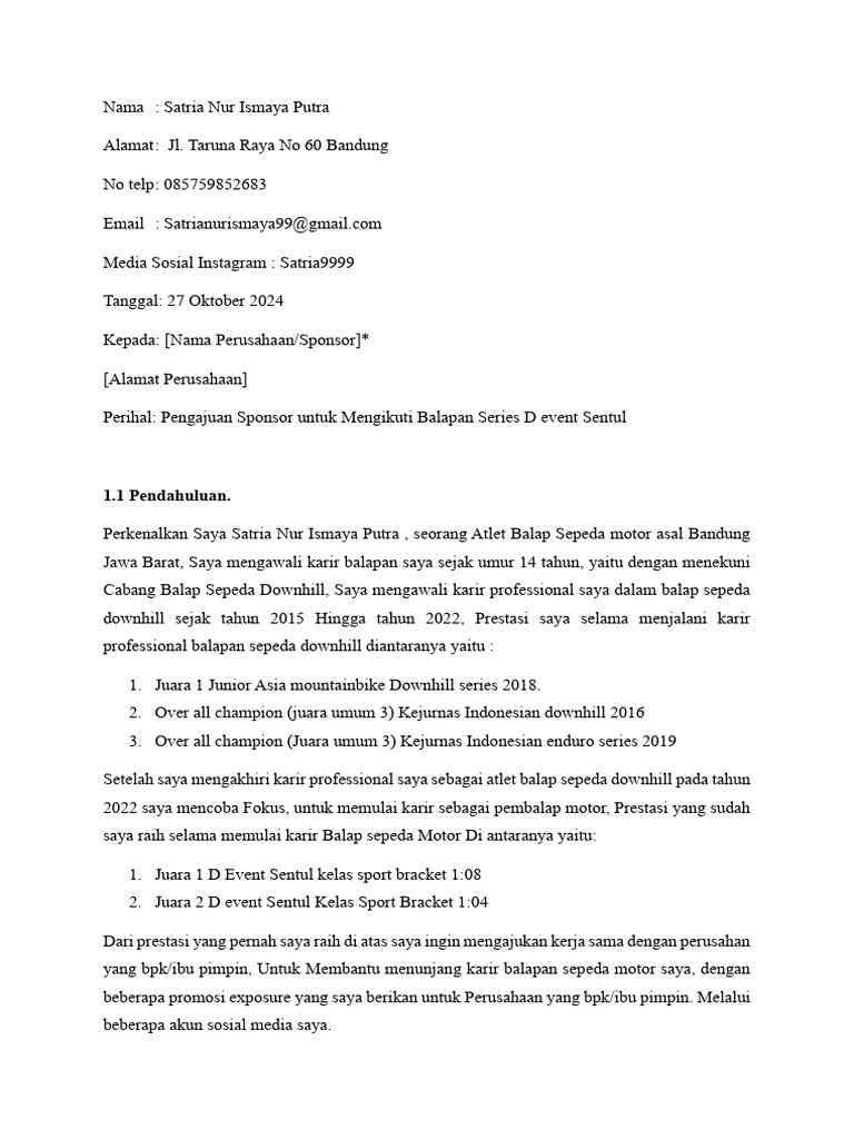 Proposal Sponsor Balap Motor Satria | PDF | Bisnis