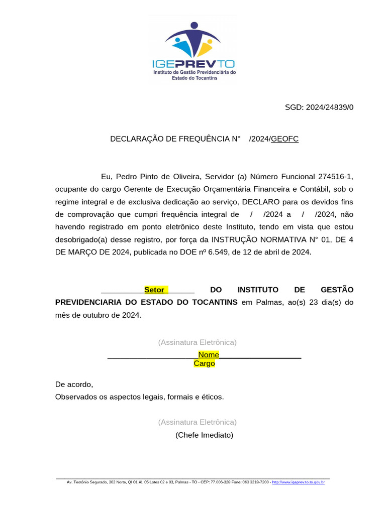 MODELO DE DECLARAÇÃO DE FREQUÊNCIA PARA DISPENSA DE REGISTRO NO PONTO ...