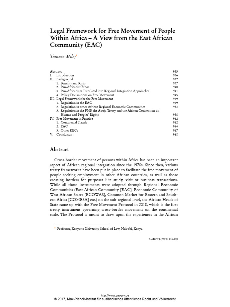 Legal Framework For Free Movement of People Within Africa - A View From ...
