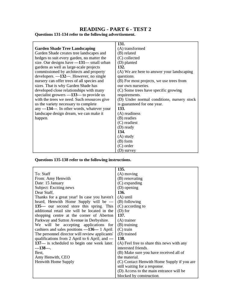 Reading-Part 6-Đề 2 | PDF | Plant Nursery