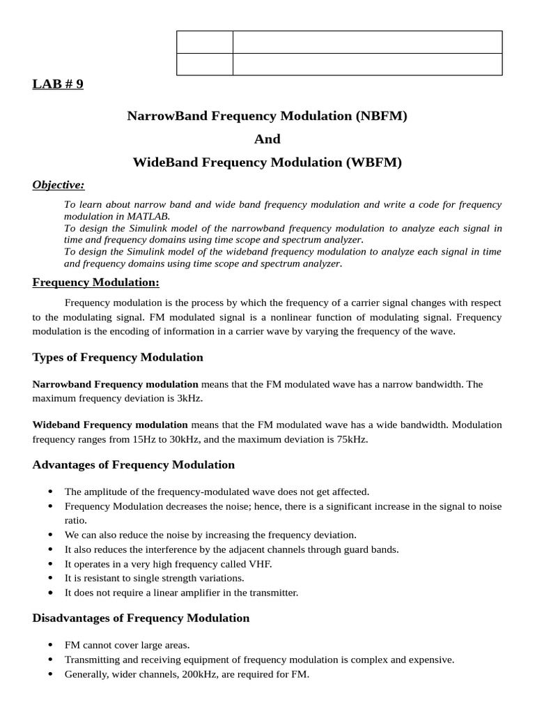 Lab 9 NarrowBand and Wide Band Frequency Mod Simulink | PDF | Frequency Modulation | Modulation