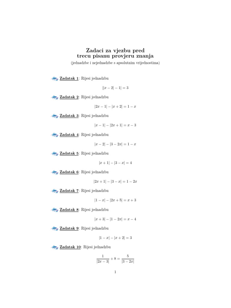 Zadaci Prvi Vjezba 3ppz Apsolutna Vrijednost Jednadzbe Nejednadzbe | PDF