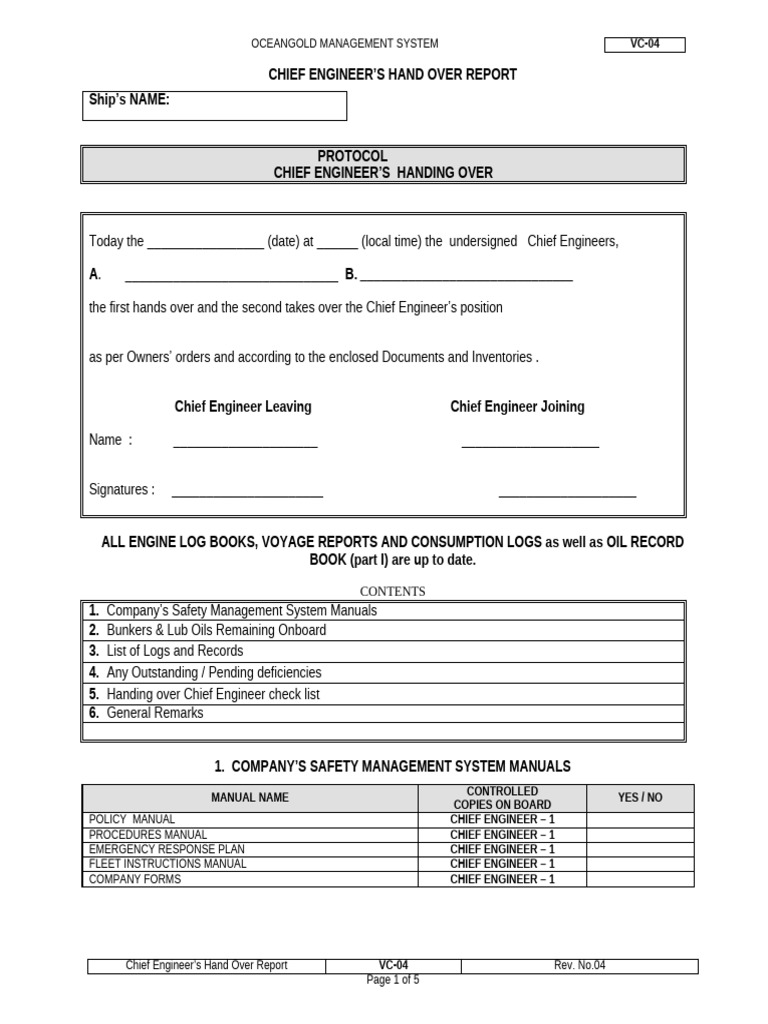 Chief Engineer Handover Protocol | PDF | Pump | Engines