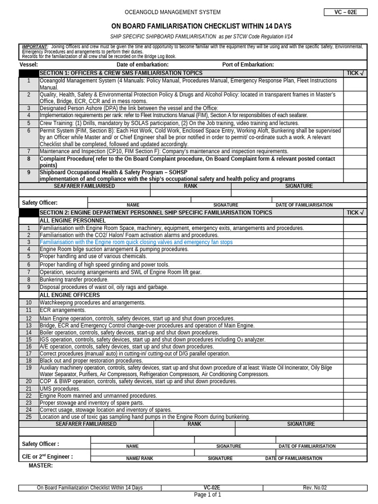 VC-02E - 02 (On Board Familiarisation Checklist Within 14 Days | PDF ...