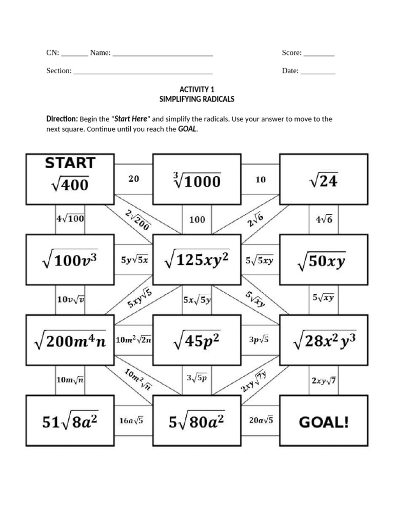 Simplifying Radicals Activity Guide | PDF