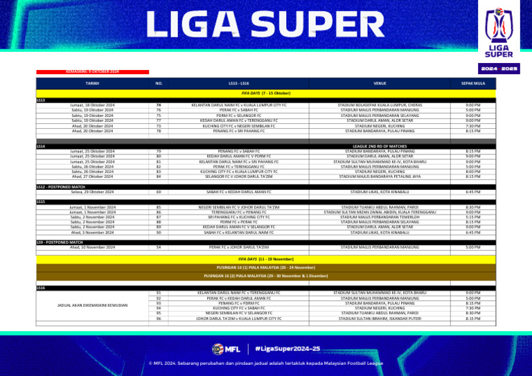 Jadual Liga Super 2024 25 LS13 LS16 09102024 Pusingan 2 v21 | PDF ...