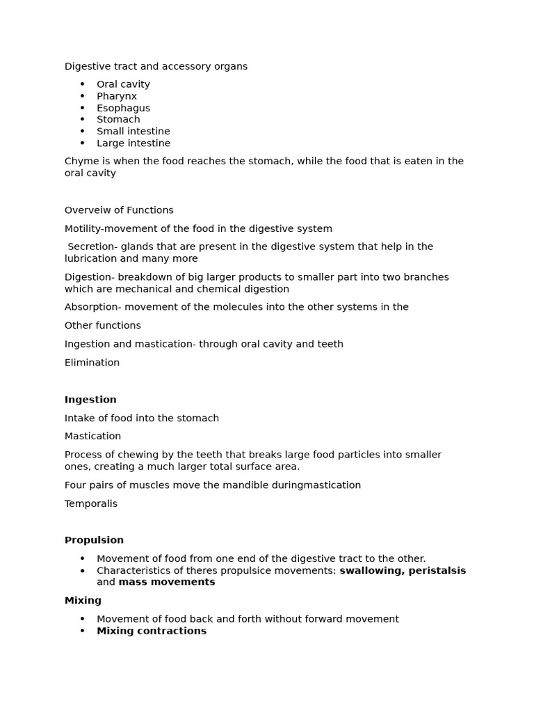 Digestive Tract and Accessory Organs Notes | PDF | Digestion | Esophagus