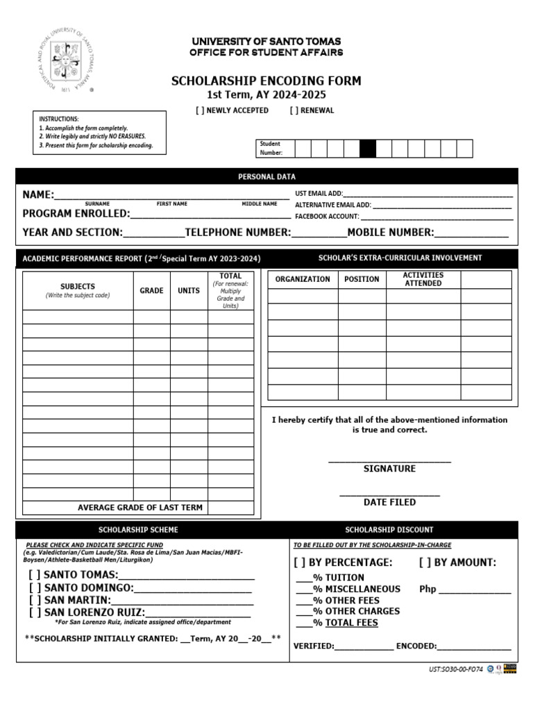 UST Scholarship Encoding Form AY 2024-2025 | PDF