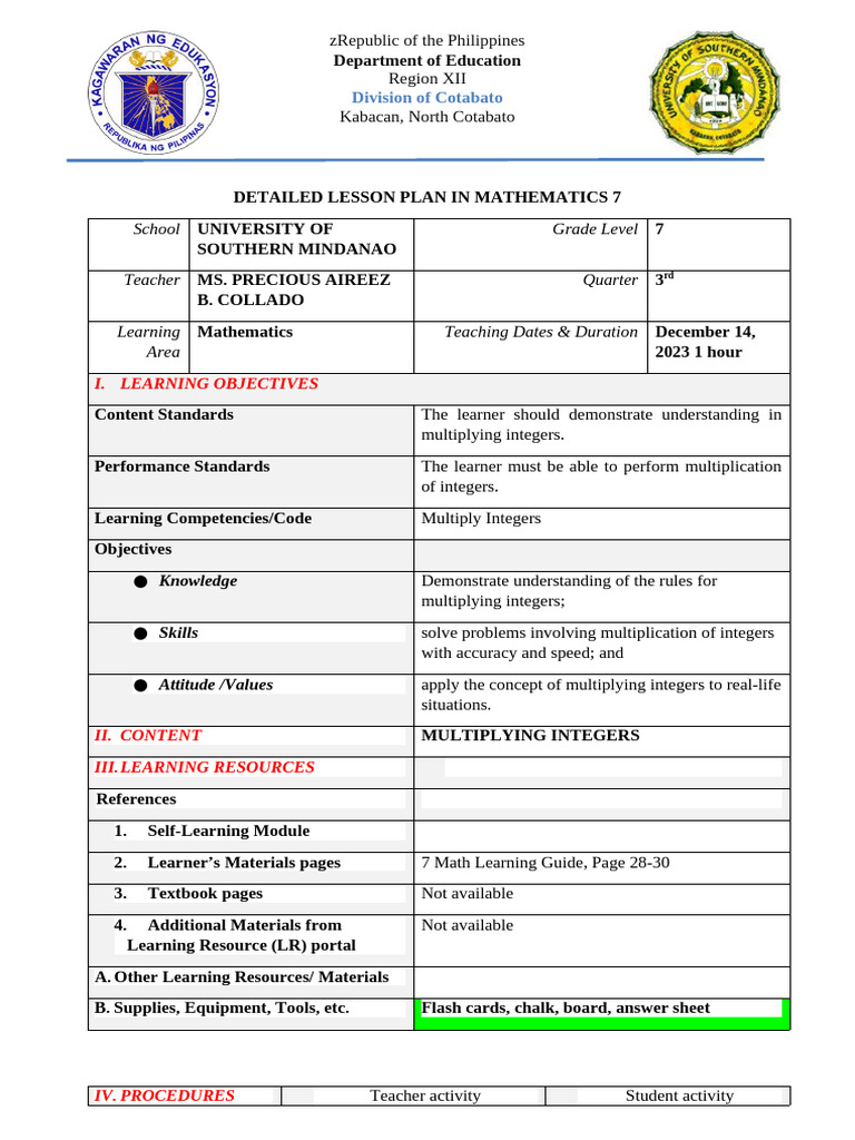 Precious Lesson Plan | PDF | Learning | Multiplication