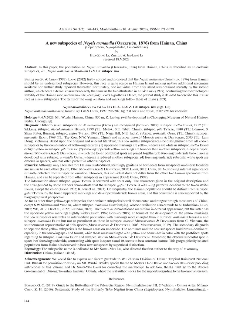 A New Subspecies of Neptis Armandia (Oberthür, 1876) From Hainan, China ...