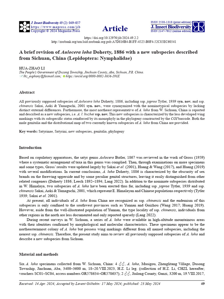 A Brief Revision of Aulocera Loha Doherty, 1886 With A New Subspecies Described From Sichuan ...