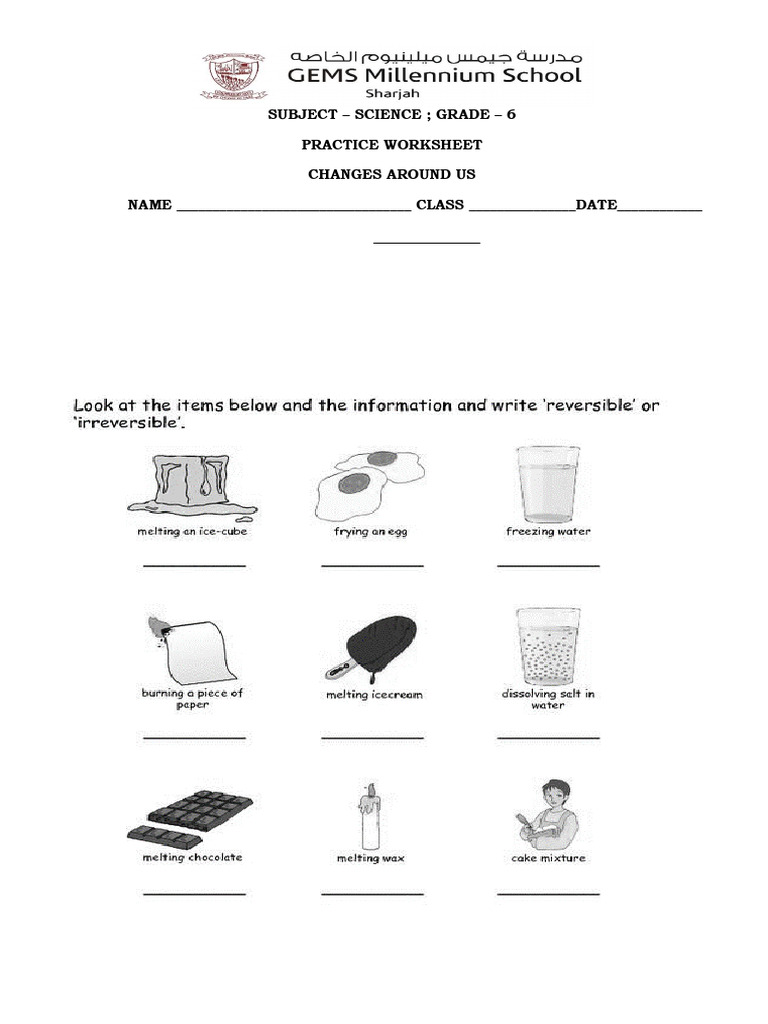 Grade 6 Science Worksheet: Changes | PDF | Materials