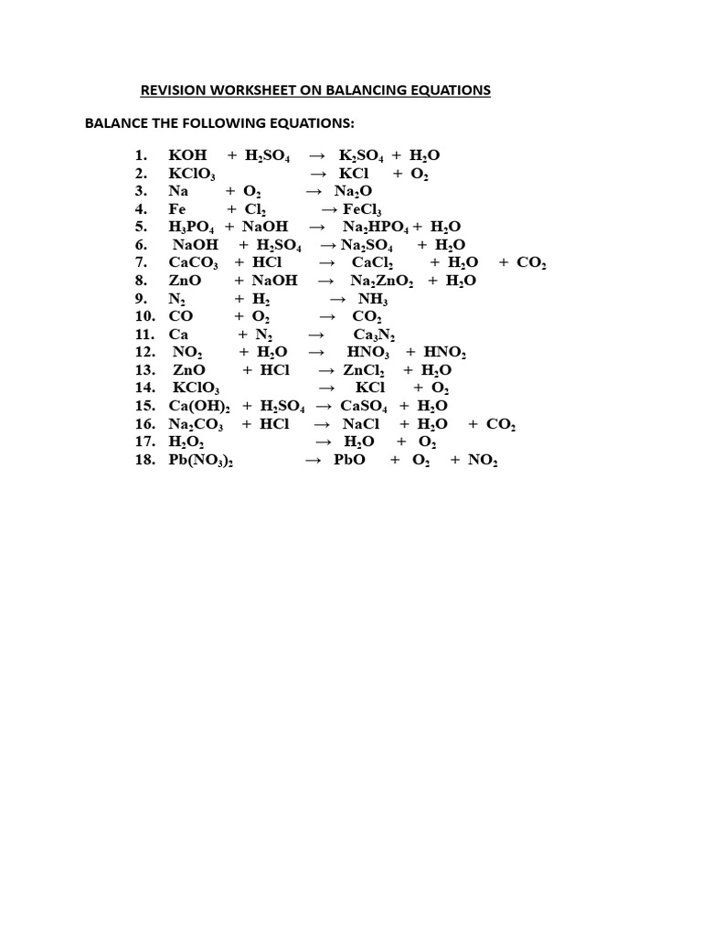 Revision Worksheet On Balancing | PDF