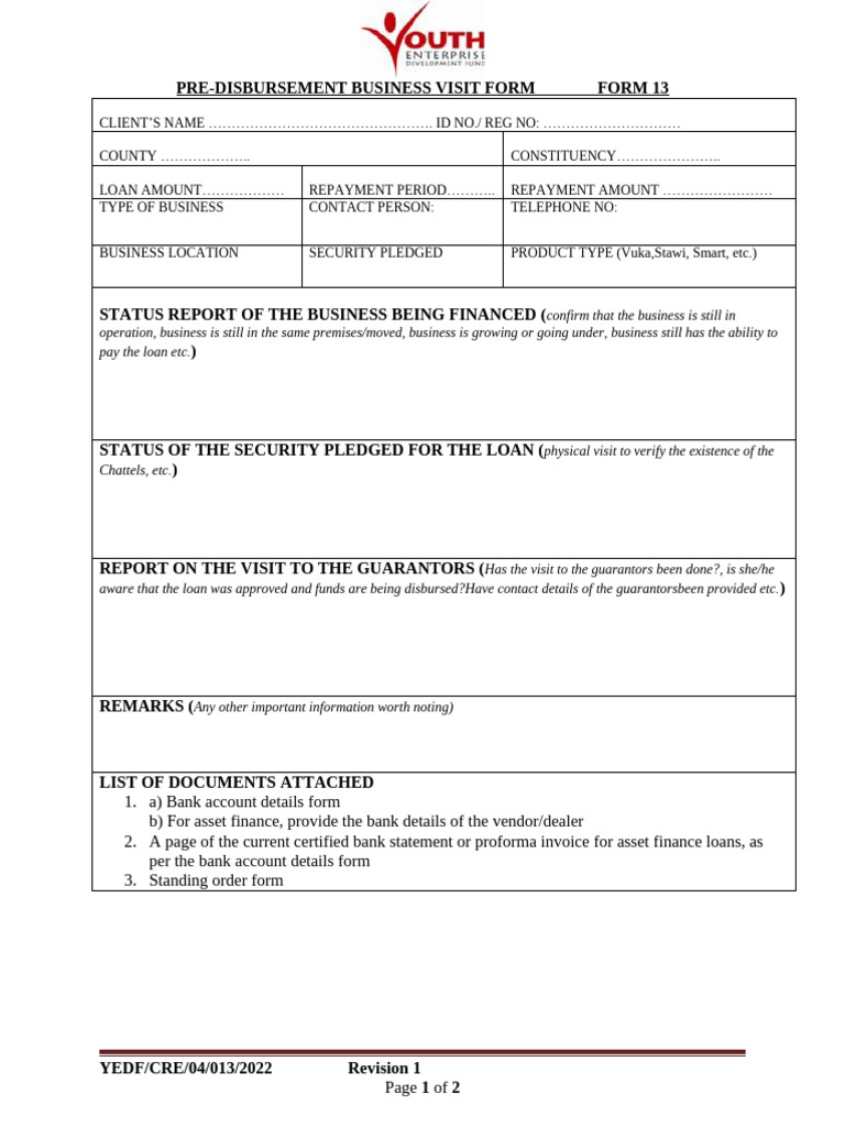 Form 13 PRE-DISBURSEMENT BUSINESS VISIT FORM | PDF | Loans | Financial ...