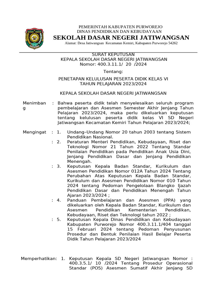 Contoh - SK Kelulusan 2024 | PDF