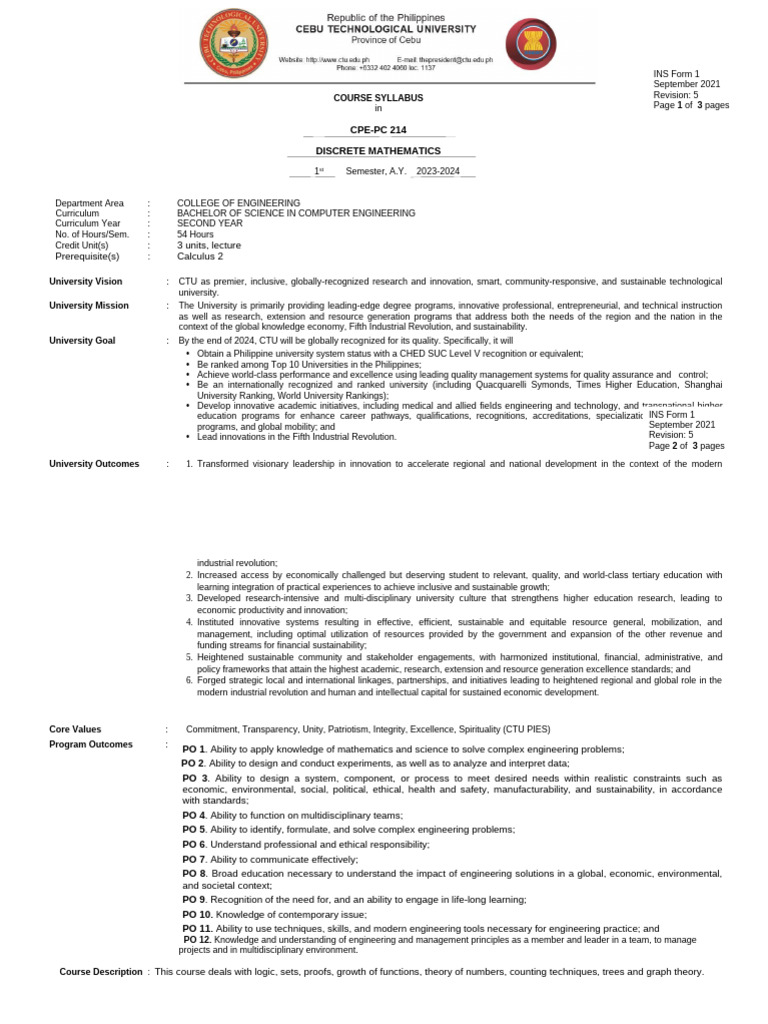 CPE-PC 214 Discrete Mathematics Syllabus | PDF | Set (Mathematics) | Mathematics