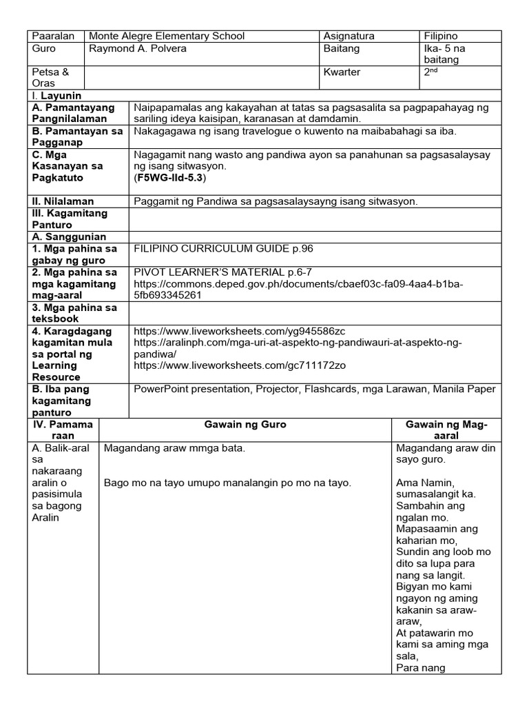 1st Filipino Lesson Plan | PDF