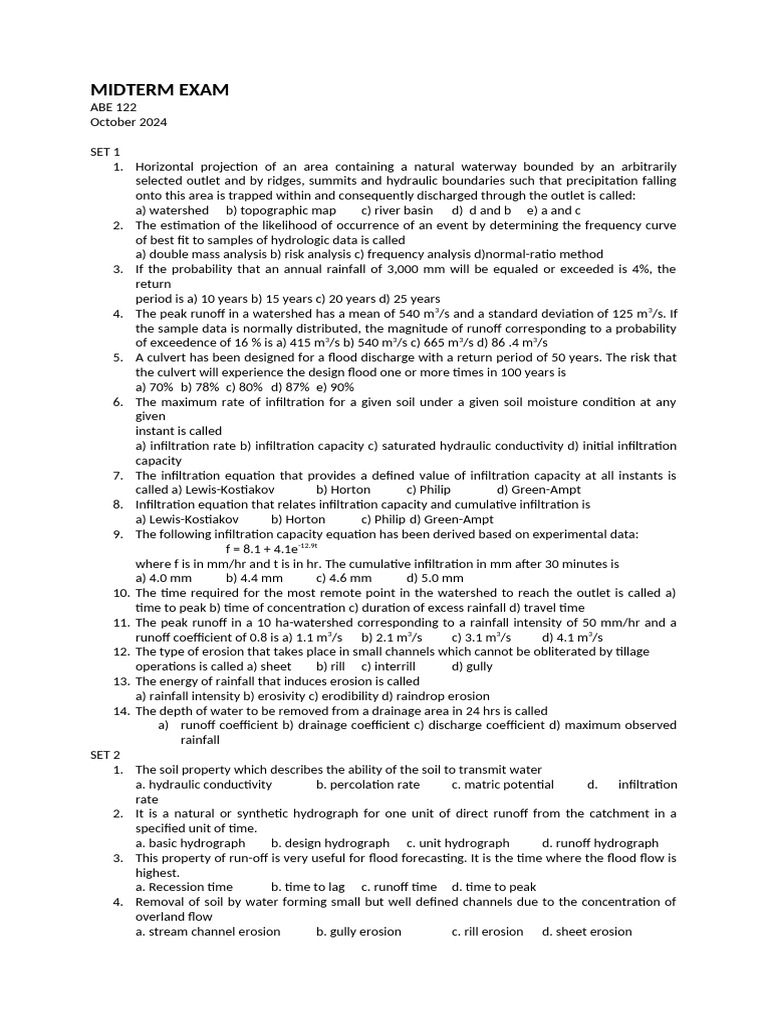 MidTerm Exam ABE 122 2024 Final | PDF | Surface Runoff | Erosion