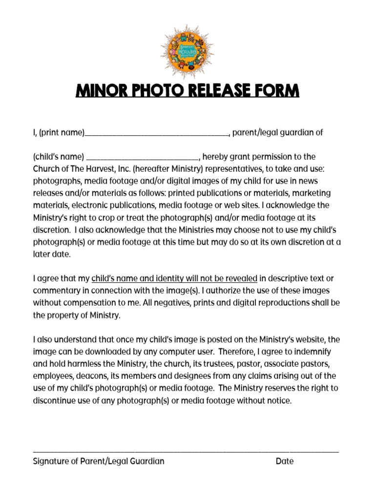 Minor Photo Release Form FILLABLE | PDF
