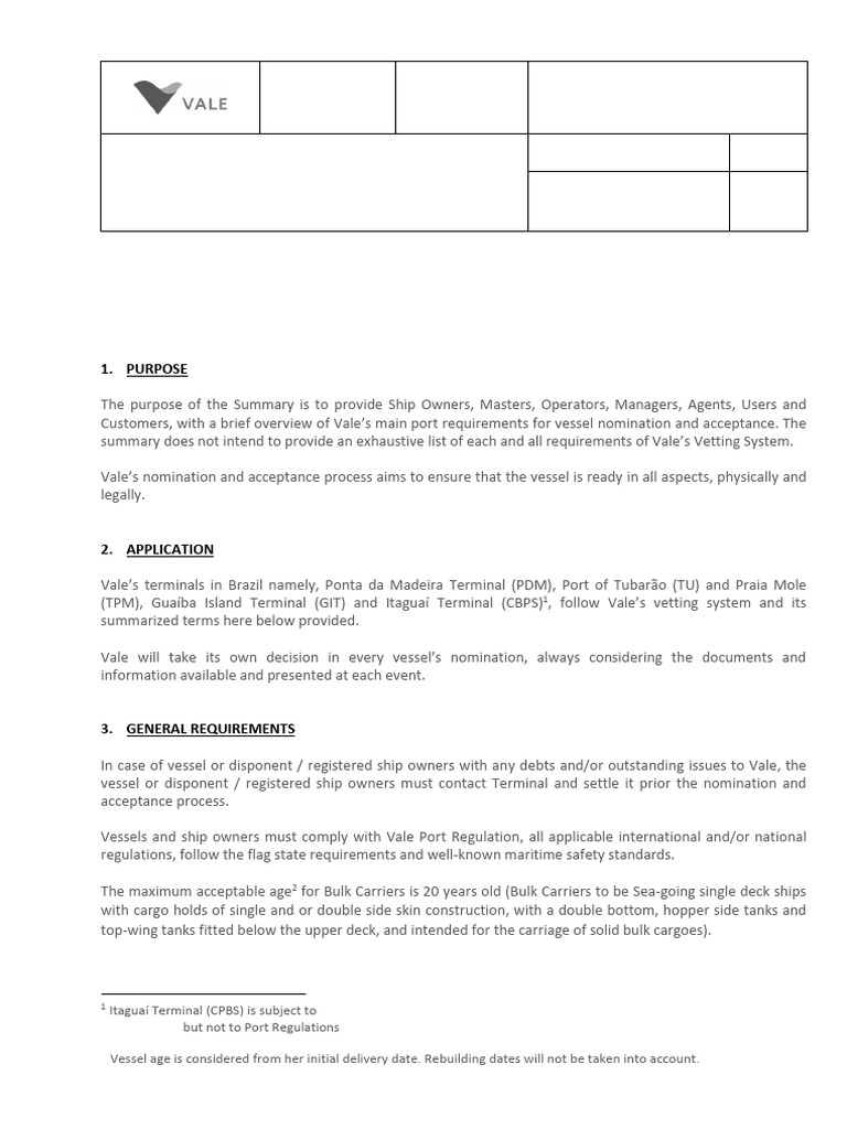 Annex A Summary of Vale Port Requirements For Vessel Nomination and ...