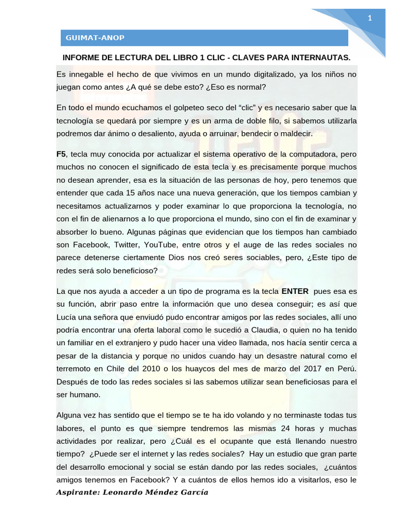 Informe de Lectura Del Libro 1 Clic Clave para Internautas | PDF