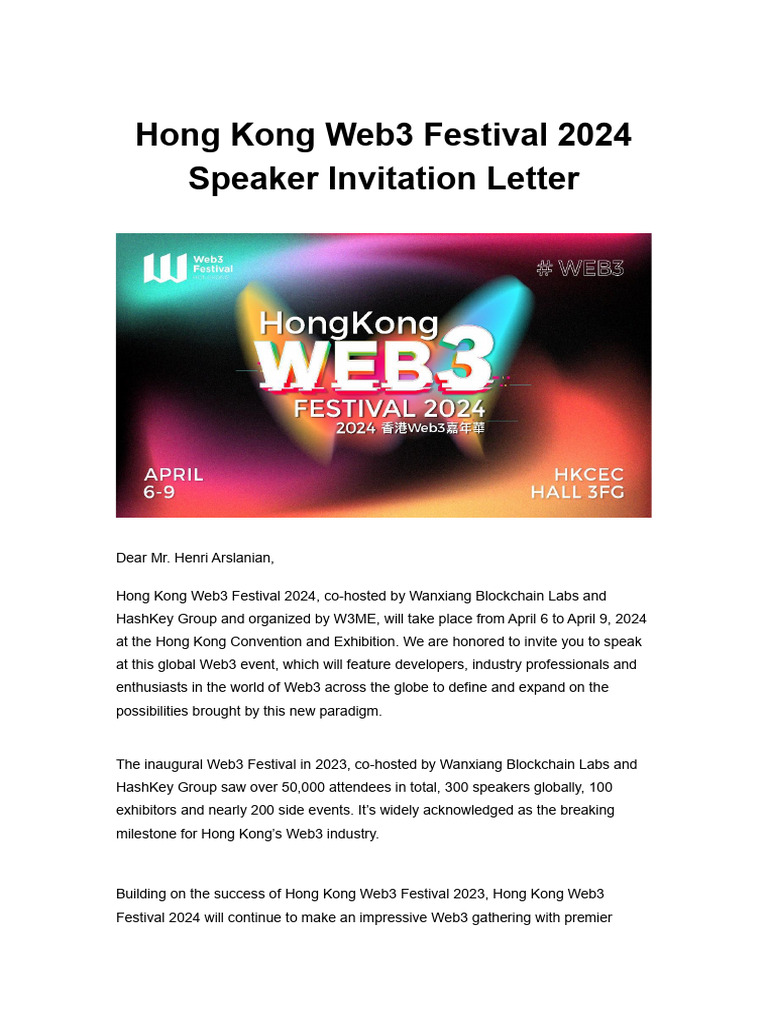 Henri Arslanian-Hong Kong Web3 Festival 2024 Speaker Invitation Letter | PDF