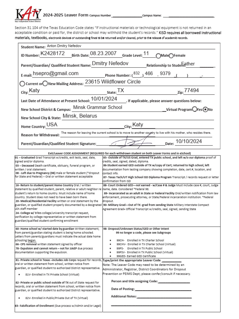 Leaver Form English 24 25 Fillable | PDF | General Educational ...