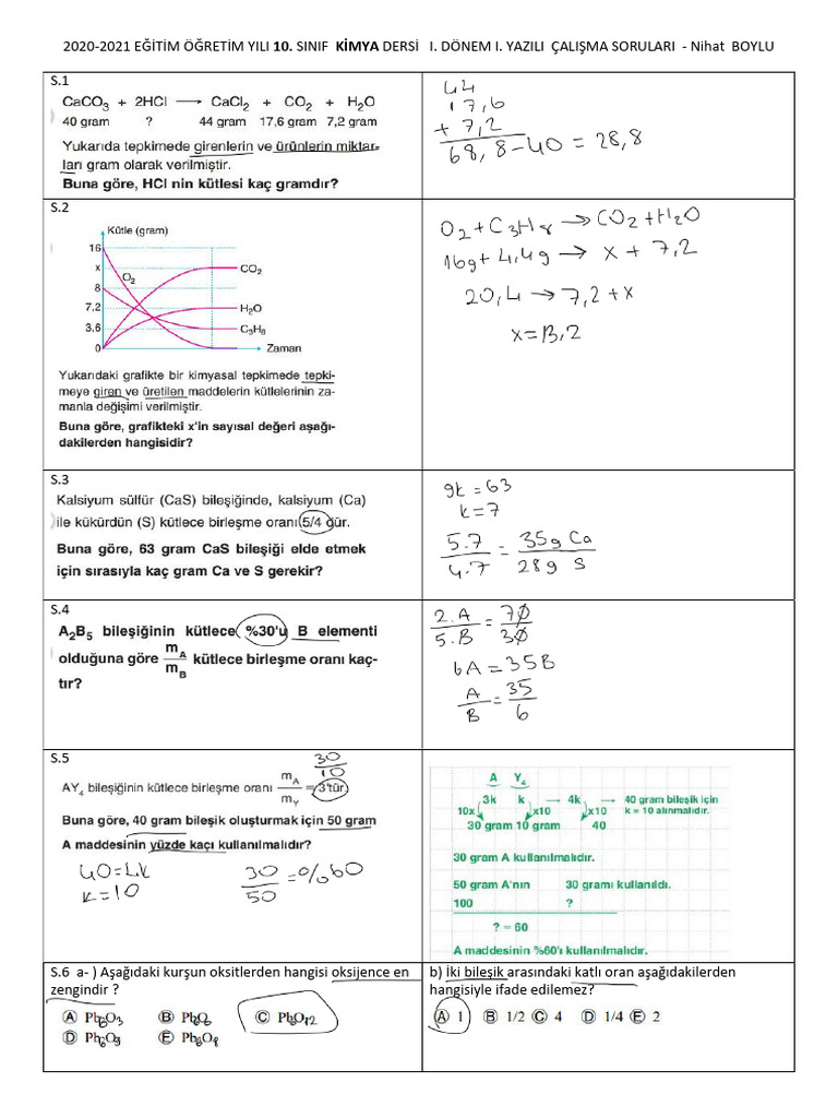 10.sinif Kimya 1. Donem 1. Yazili Calisma Sinav Sorulari Ve Cevaplari | PDF
