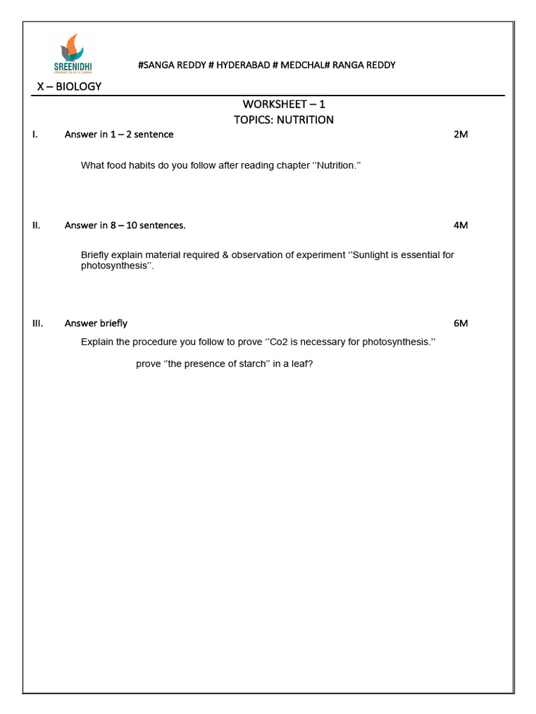 Biology Worksheets on Nutrition, Respiration, Excretion, Transportation ...