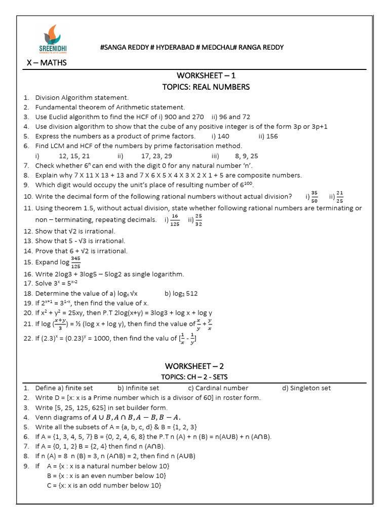 Class 10 Maths Worksheets on Key Topics | PDF | Polynomial | Numbers
