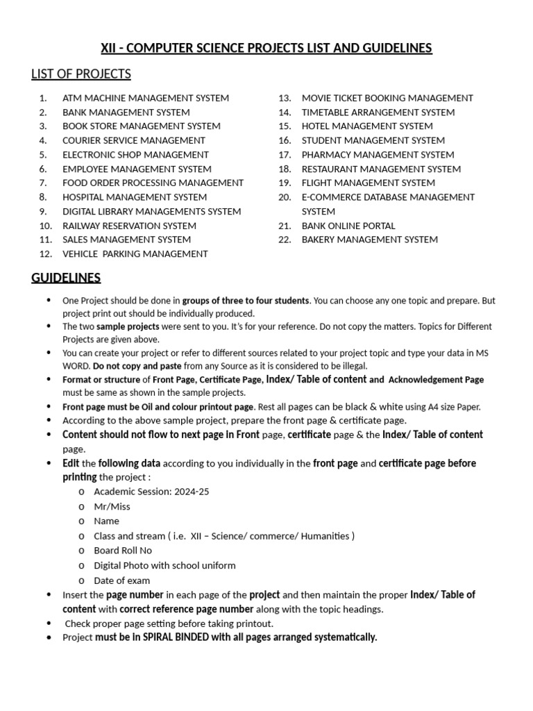 XII Projects and Guidelines - 2024-25 | PDF | Books | Computing