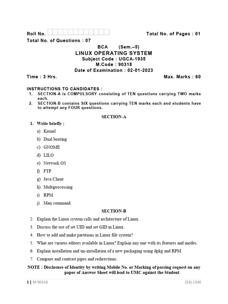 BCA 5th Sem Linux OS Question Paper | PDF