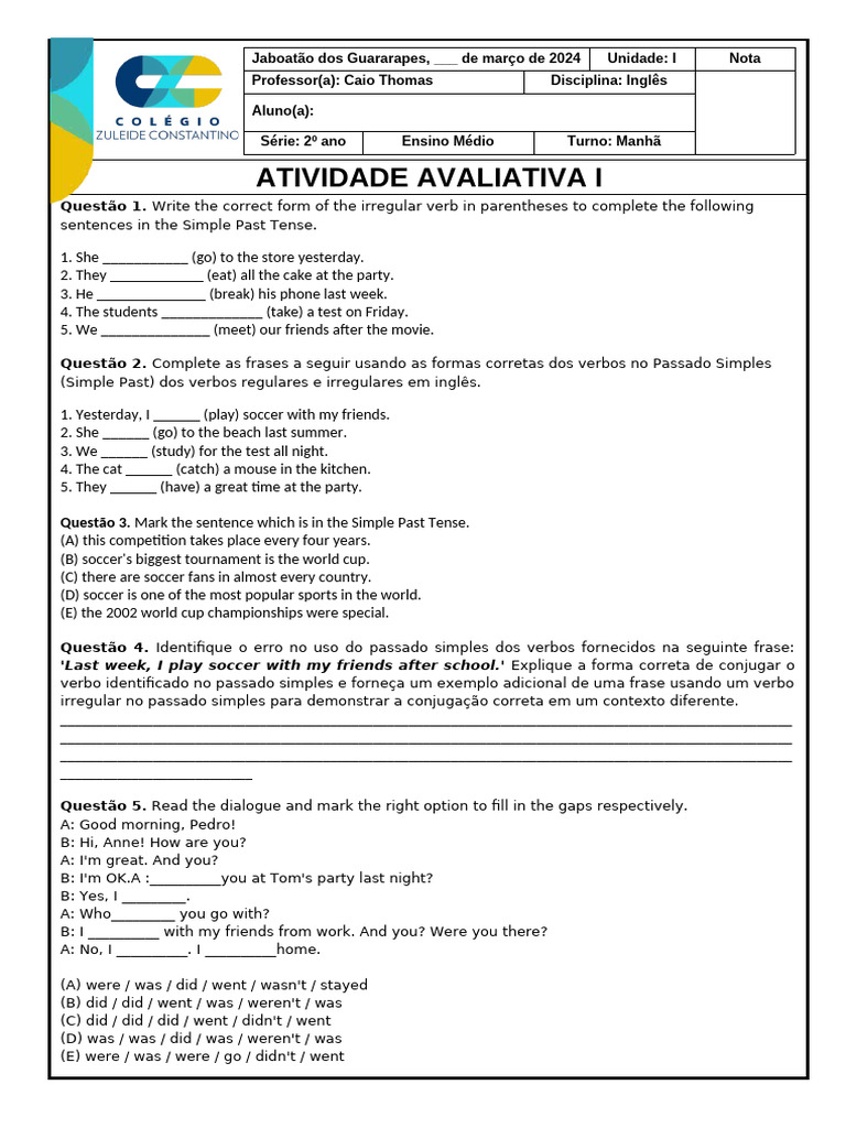 2º Ano A - Inglês Av1 Unit01 | PDF | Linguistics