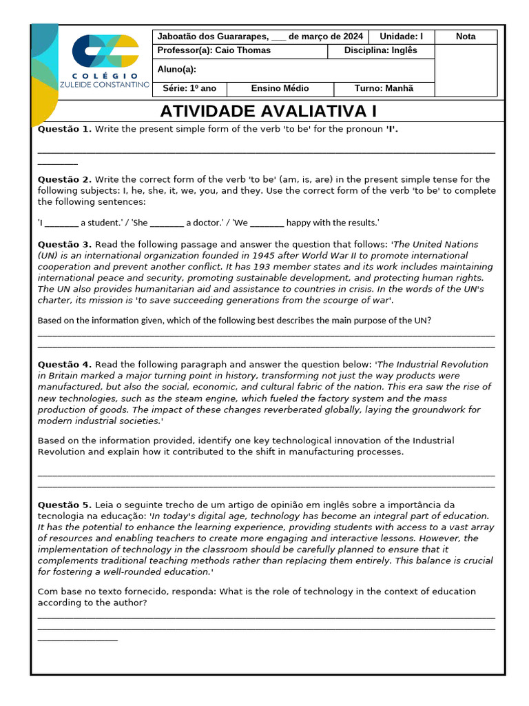 1º Ano A - Inglês Av1 Unit01 | PDF | Scotland | Scottish People