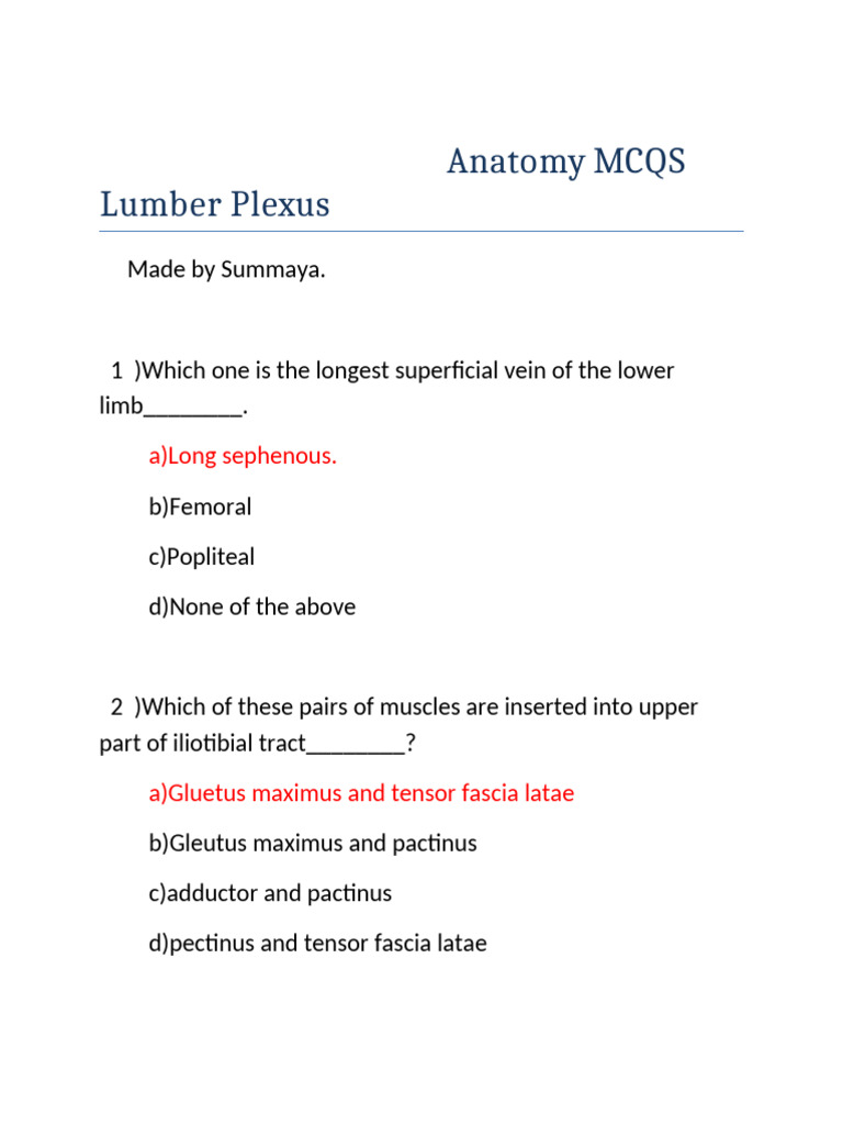 Anatomy MCQS Lower Limb Summay | PDF