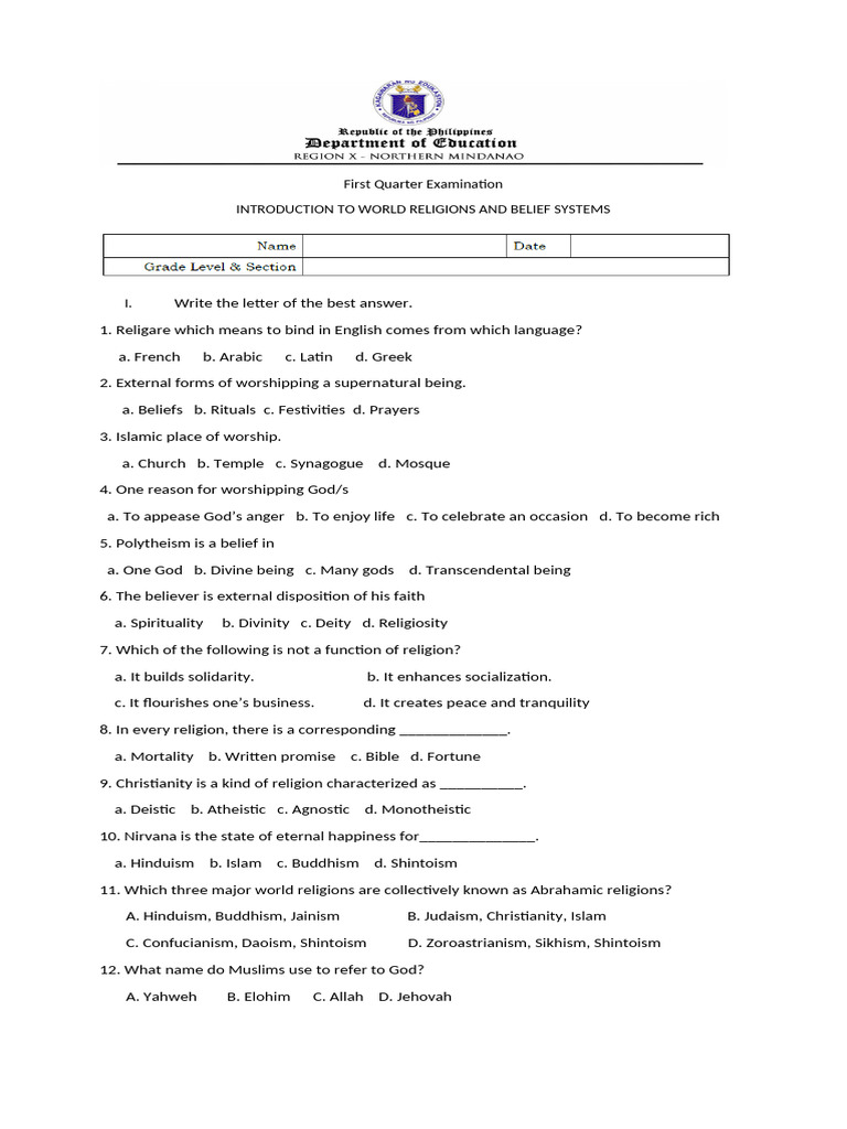 World Religions Exam Questions and Answers | PDF | Confirmation ...
