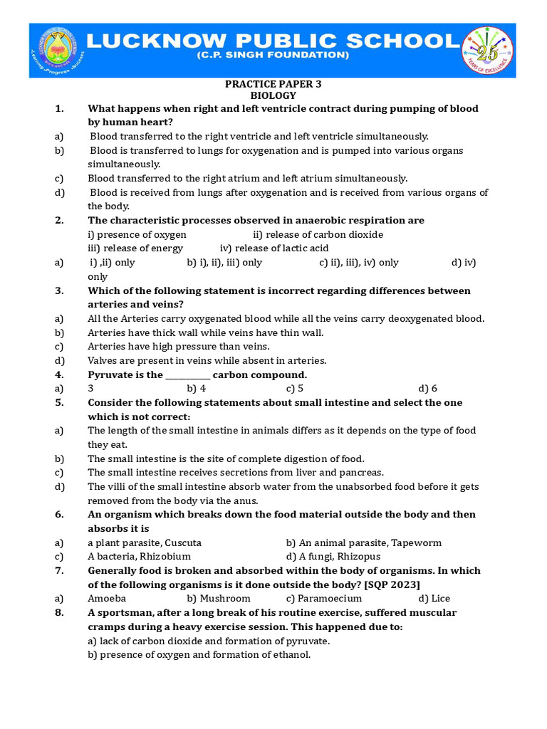 Practice Paper 2 Sem1 Science X | PDF | Vein | Blood
