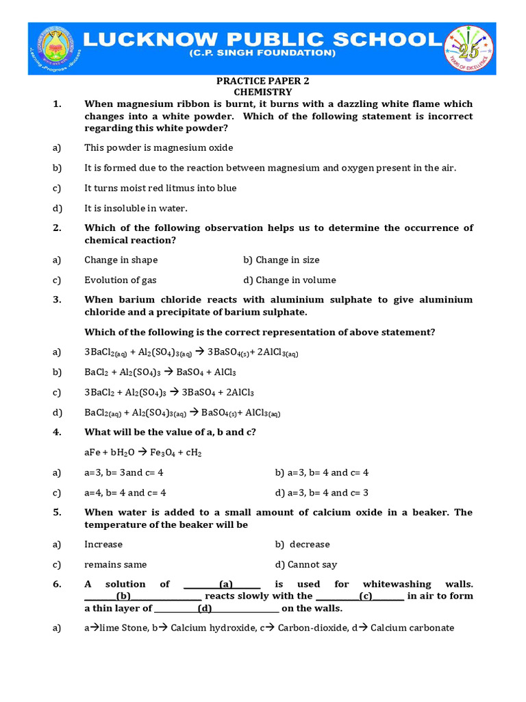 Practice Paper 2 Sem1 Science X | PDF | Chemical Reactions | Redox