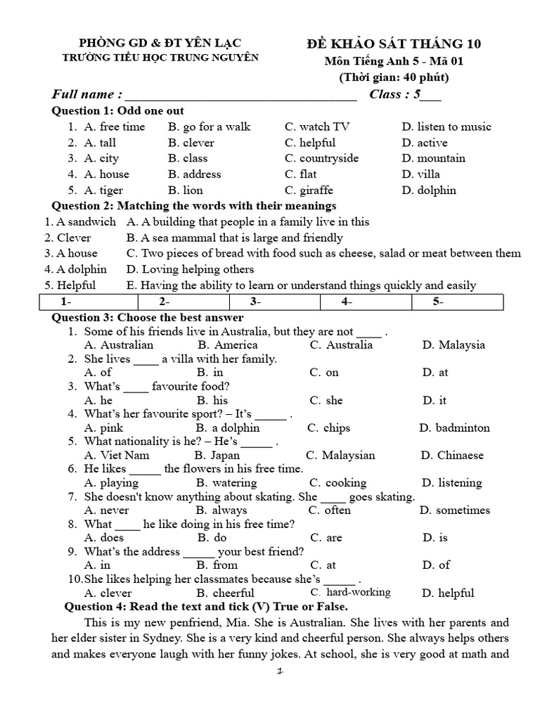 ĐỀ - TA5 - Trung Nguyên - T11 | PDF | Language Arts & Discipline | Wellness