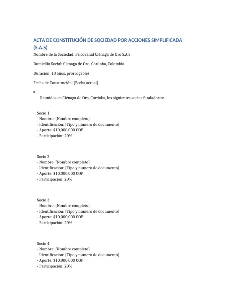 Acta Constitucion SAS | PDF | Finanzas y dinero | Política