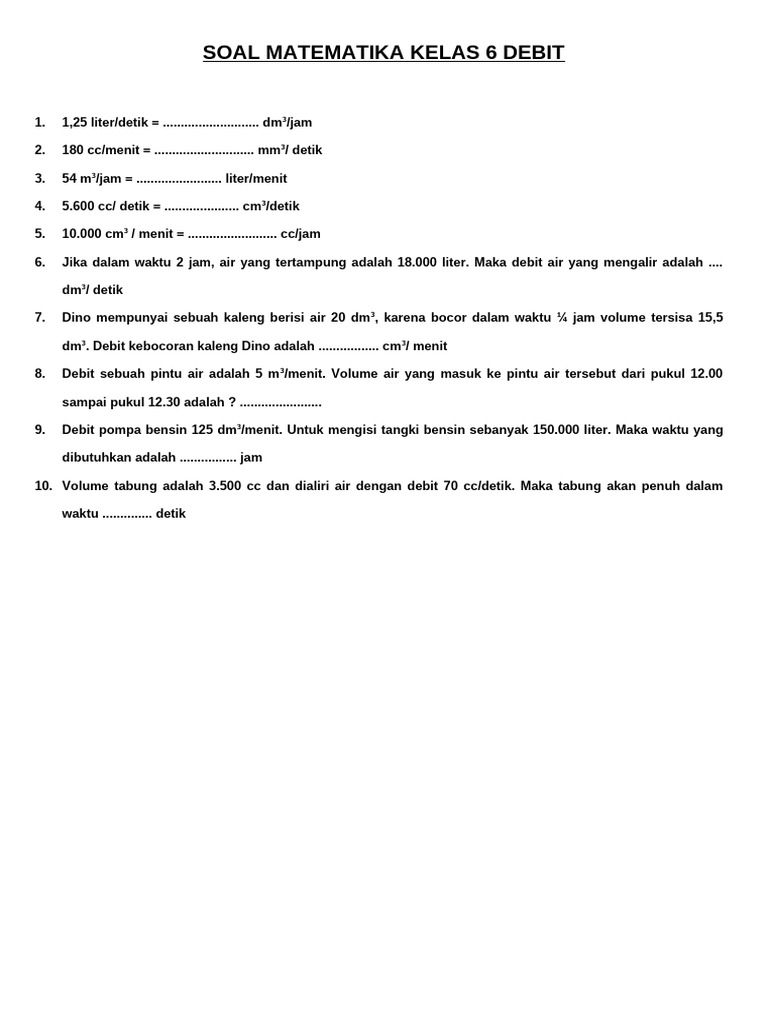 Soal Matematika Kelas 6 Debit | PDF
