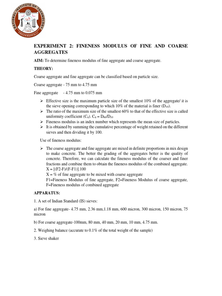 EXP-2 Fineness Modulus of Coarse and Fine Aggregate | PDF | Physical ...