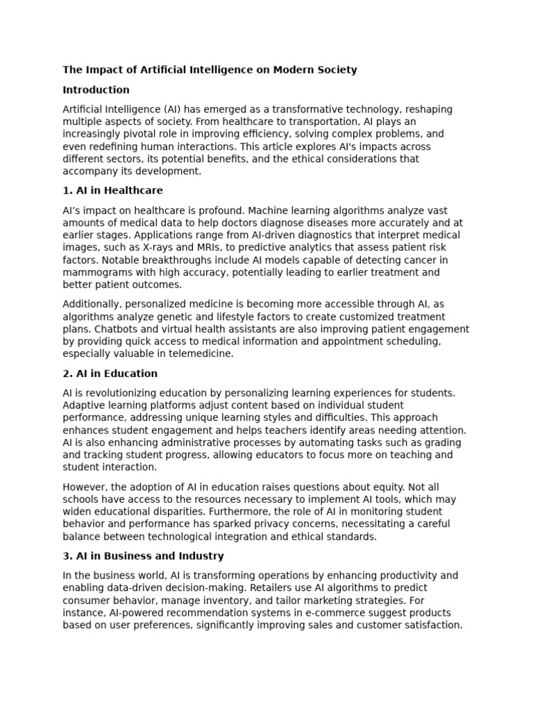 The Impact of Artificial Intelligence On Modern Society | PDF ...