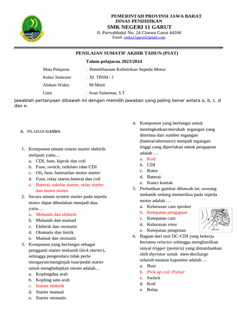 Soal PSAT XI TBSM 2024 KELISTRIKAN | PDF