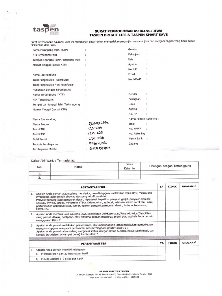 Contoh Form Isian TASPEN TBL Dan TSS | PDF