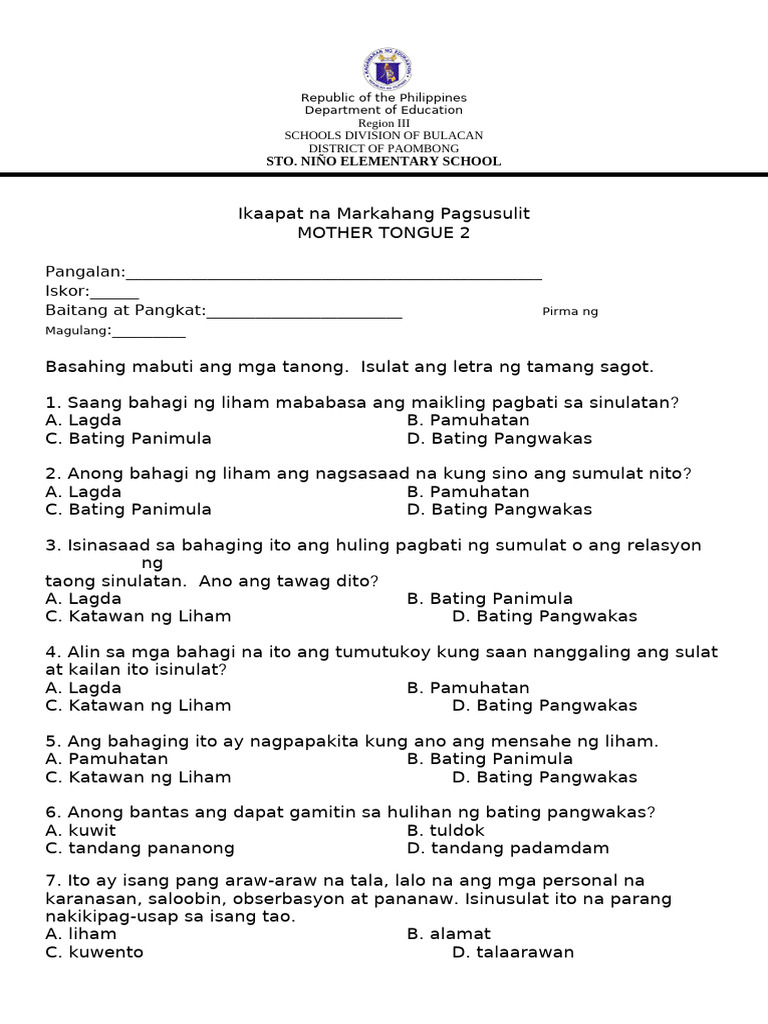 4th Periodical Test MTB | PDF