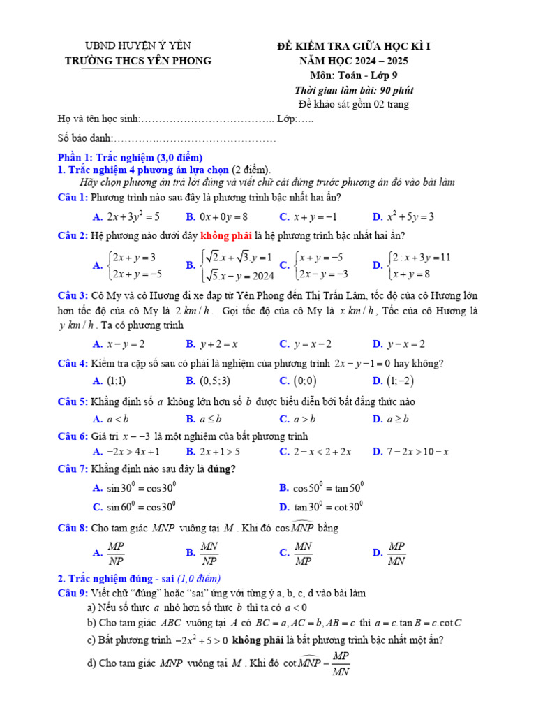 De Giua Hoc Ki 1 Toan 9 Nam 2024 2025 Truong Thcs Yen Phong Nam Dinh | PDF