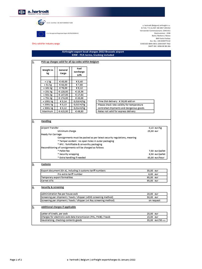 AH - BE - Specification of Costs For Additional Services Air Freight ...