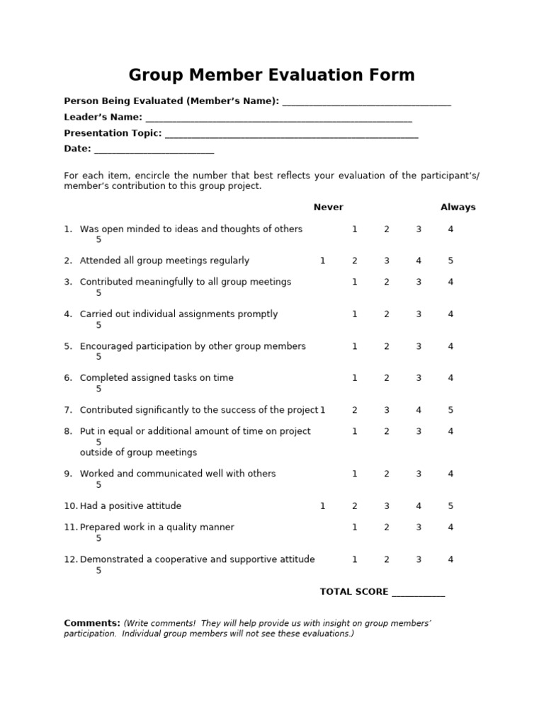 Group Member Evaluation Form 2 | PDF | Psychology | Psychological Concepts
