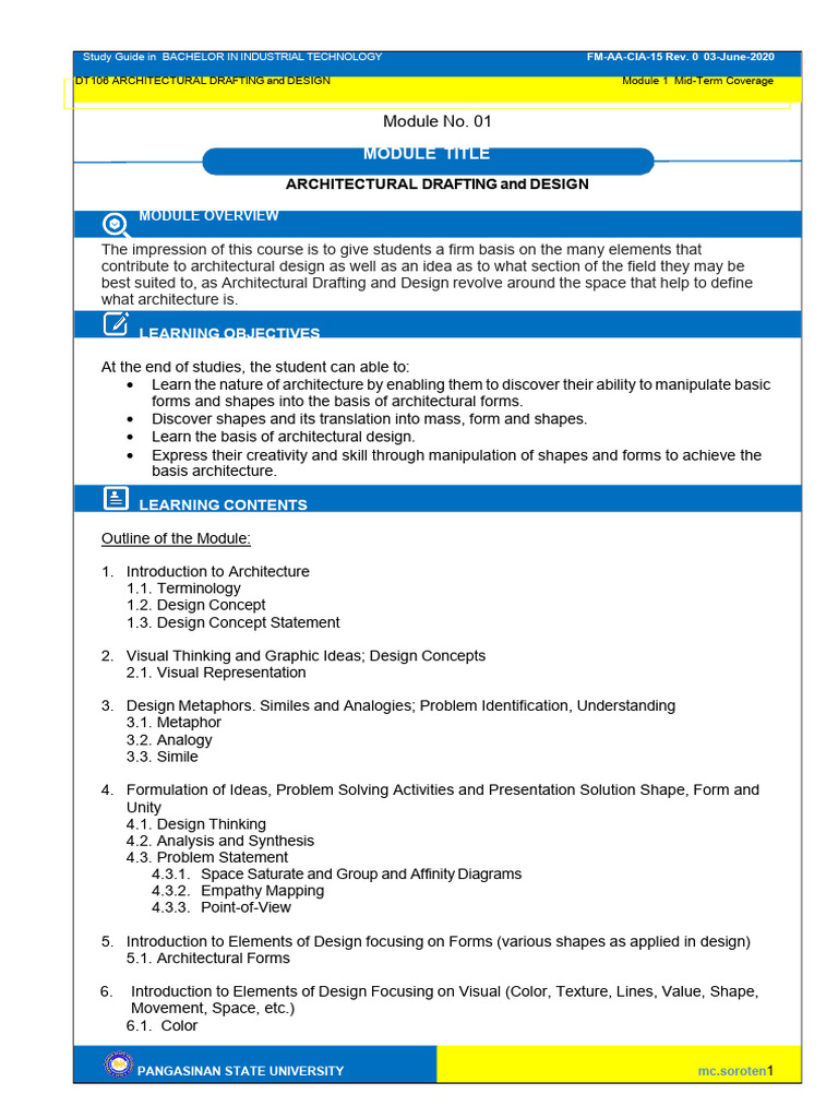DT106 ARCHITECTURAL DRAFTING and DESIGN Module 1 Study Guide | PDF ...